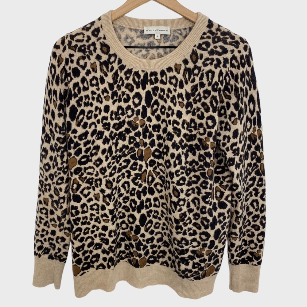 White + Warren Tan Brown Animal Print Cashmere Sweate… - Gem